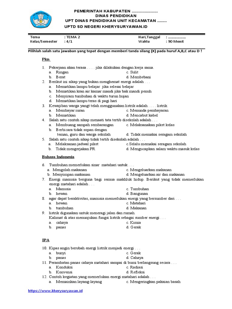 PTS Kelas 4 Tema 2 - (WWW - Kherysuryawan.id) | PDF