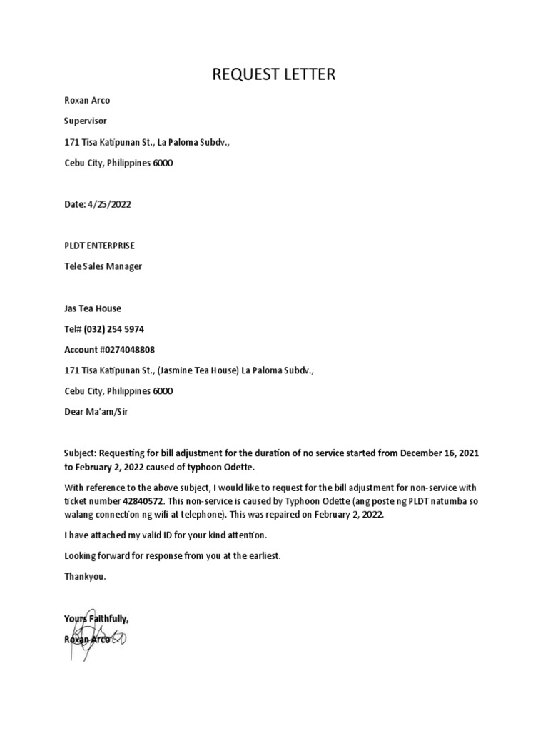 PLDT Bill Adjustment Request Letter | PDF | Home & Garden