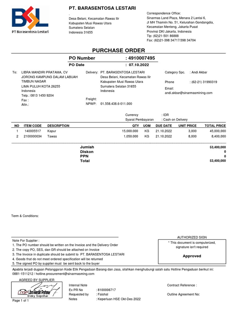 Purchase Order from PT. Barasentosa Lestari to CV Libra Mandiri Pratama for Supply of Limestone ...