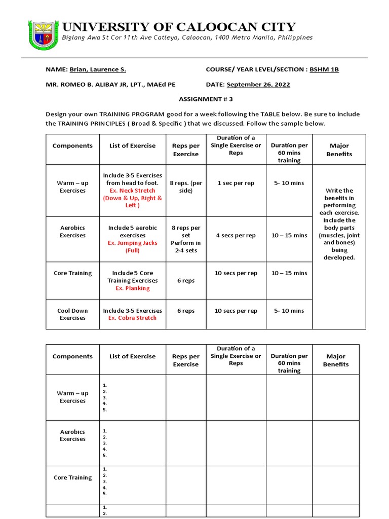 Weekly Personal Training Program Design | PDF | Determinants Of Health ...
