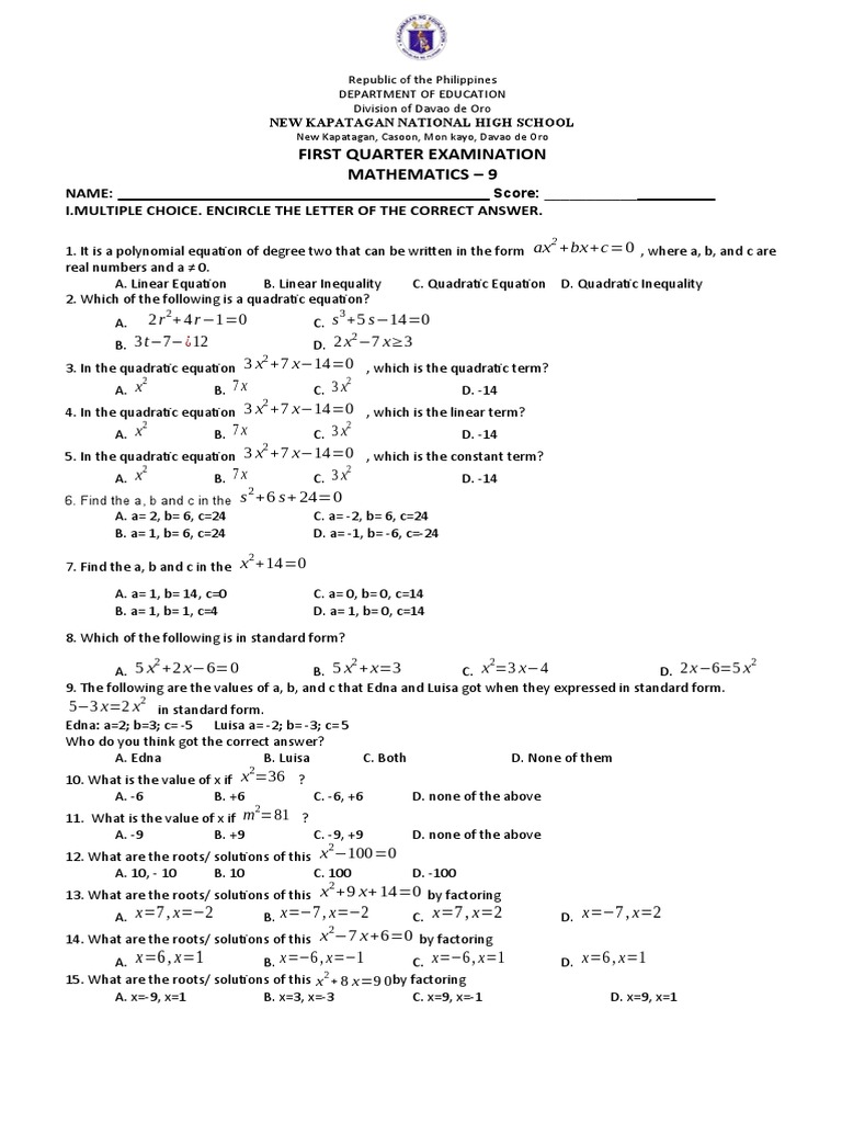 1st Periodic Test - Math 9 | PDF | Factorization | Equations