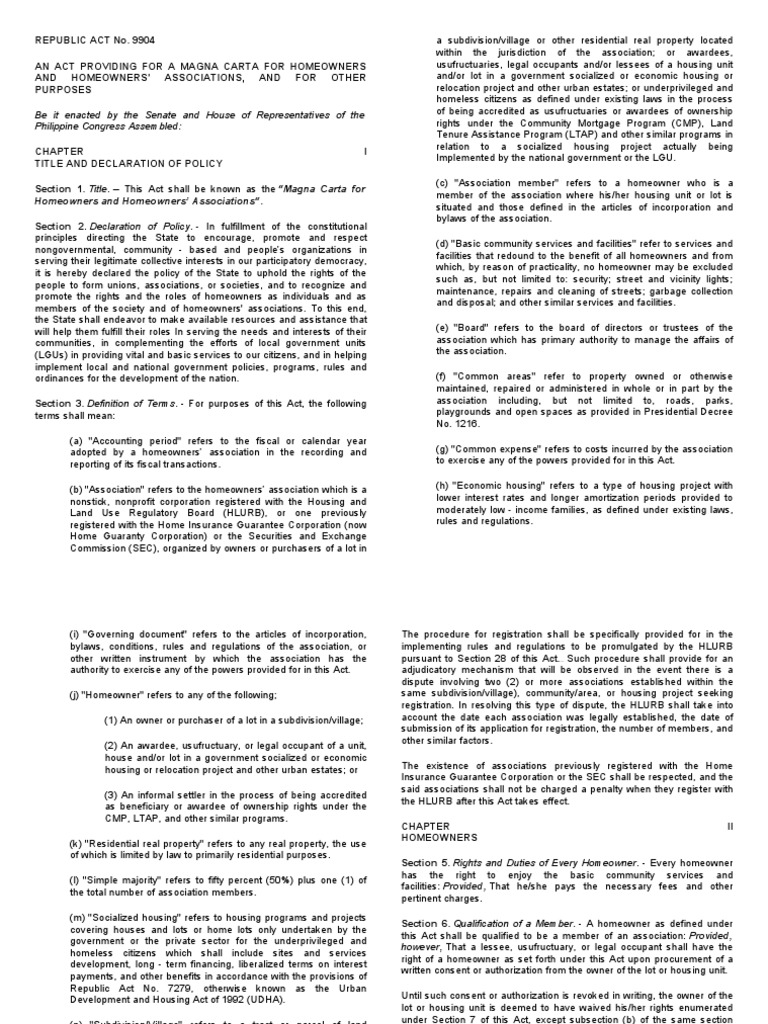 REPUBLIC ACT No 9904 Homeowners Magna Carta | PDF | Board Of Directors ...