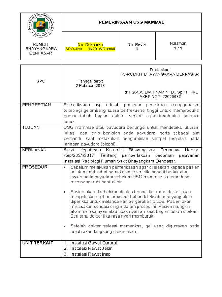 Sop Pemeriksaan Usg Mammae | PDF