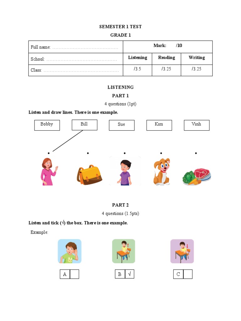 Grade 1 Semester Test | PDF