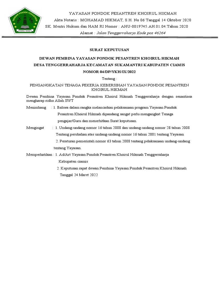 SK .Yayasan Pondok Pesantren Khoirul Hikmah | PDF