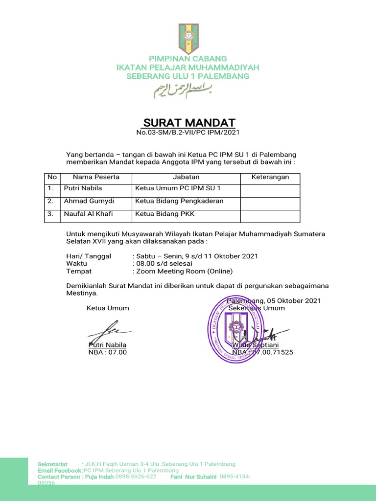 Surat Mandat PC Ipm Su 1 PLG | PDF