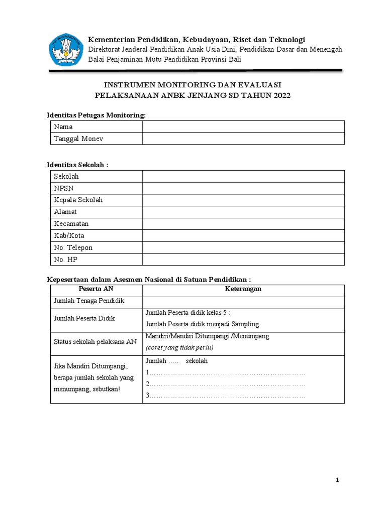 Instrumen Monev ANBK SD 2022 | PDF