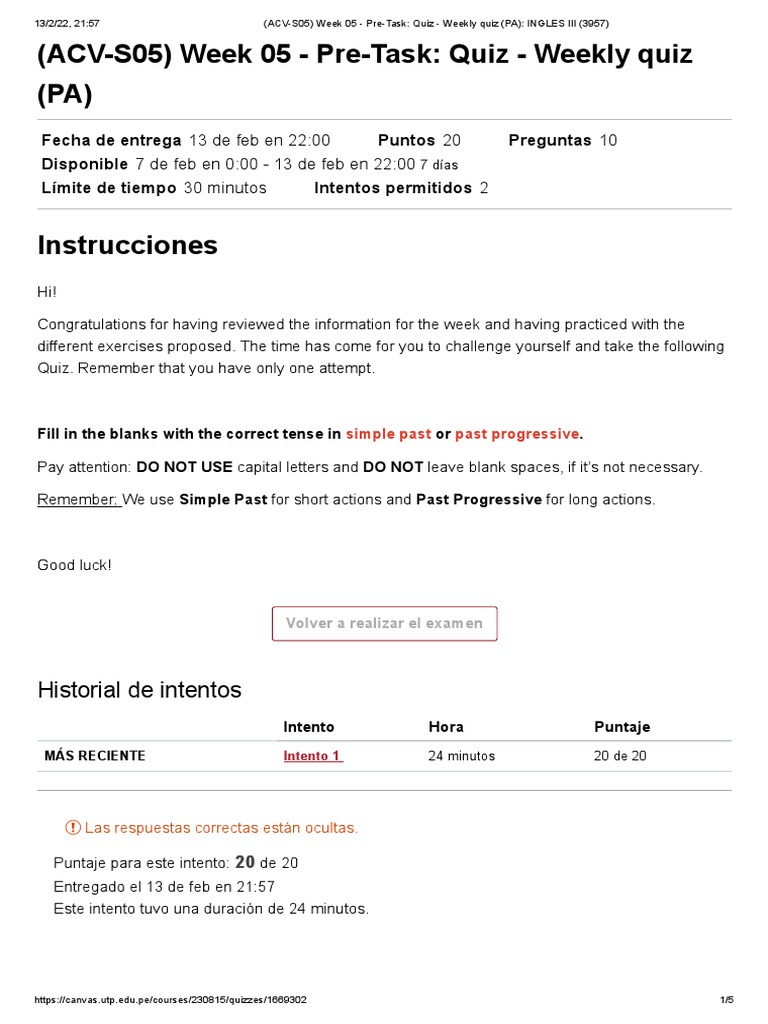 (ACV-S05) Week 05 - Pre-Task - Quiz - Weekly Quiz (PA) - INGLES III ...