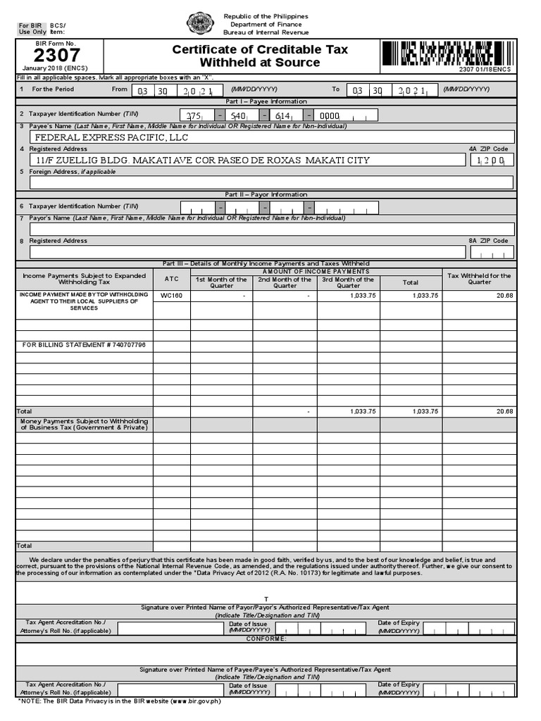 BIR FORM 2307 Sample | PDF | Value Added Tax | Taxes