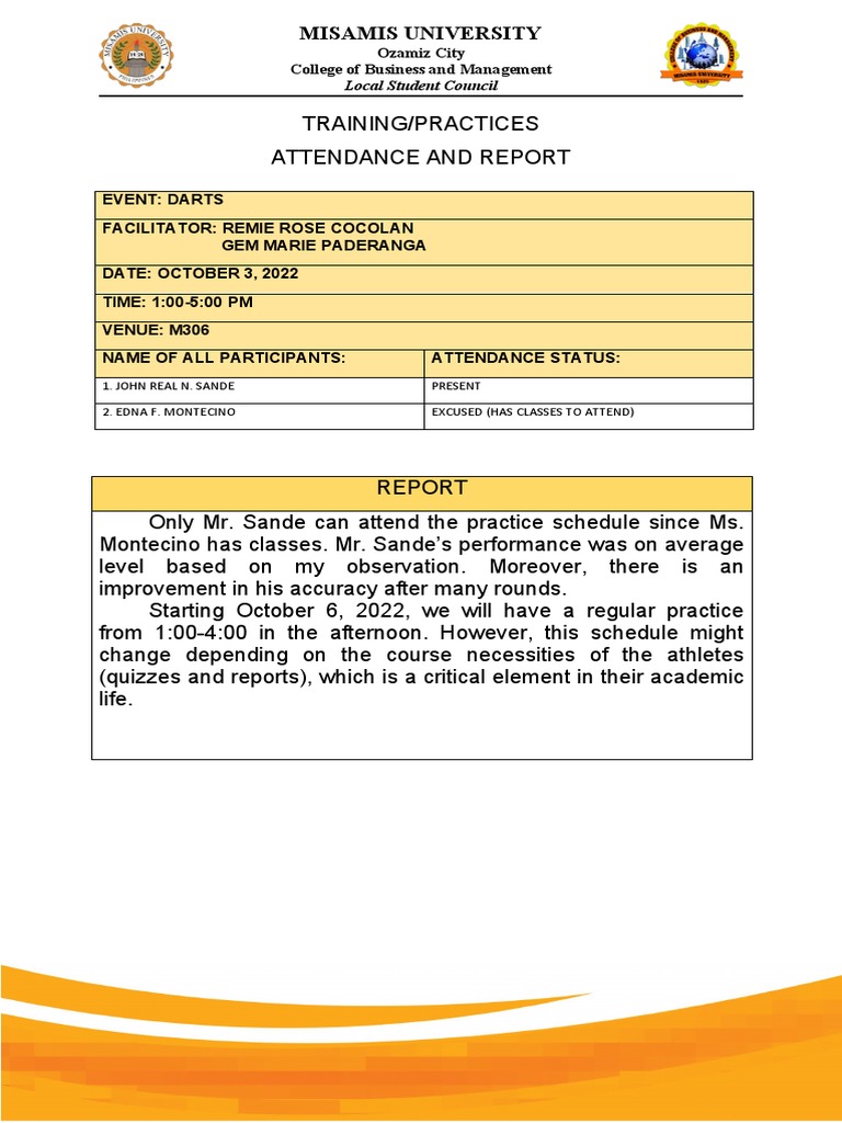 DARTS 10-03 Practice Attendance and Report | PDF