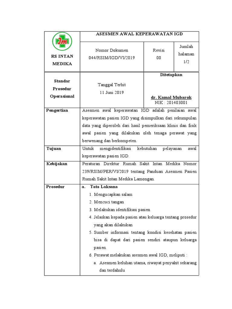 Spo Asesmen Awal Keperawatan Igd | PDF