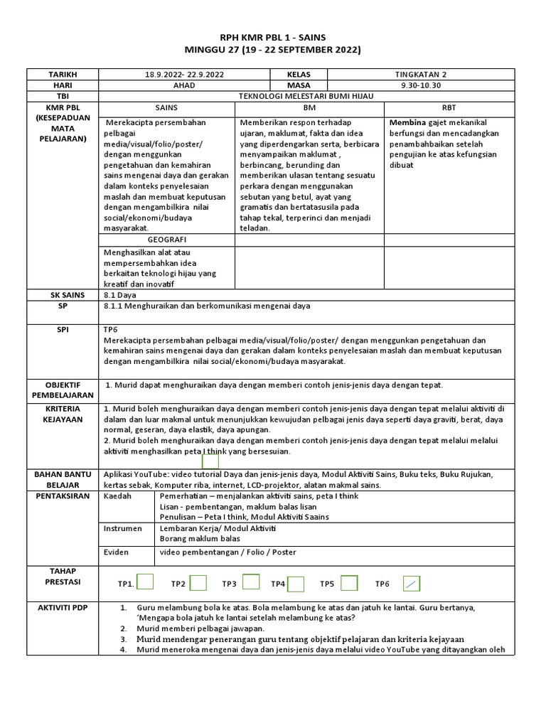 RPH KMR PBL Sains 19.9.2022 | PDF