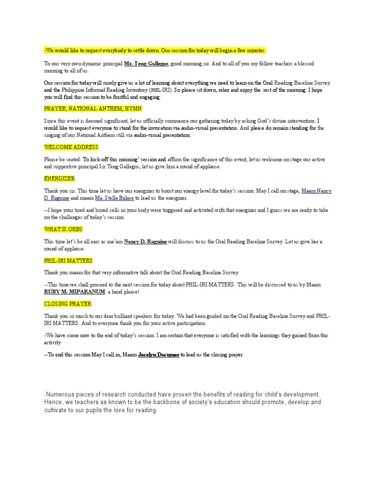 Emcee Script | PDF | Prayer