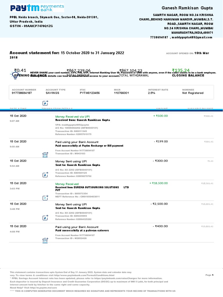 Account Statement 151020 310122 | PDF | Automated Teller Machine ...