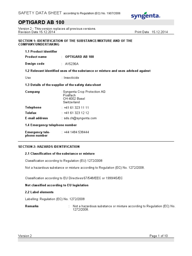 Msds Optigard Ab 100 | PDF | Dangerous Goods | Toxicity