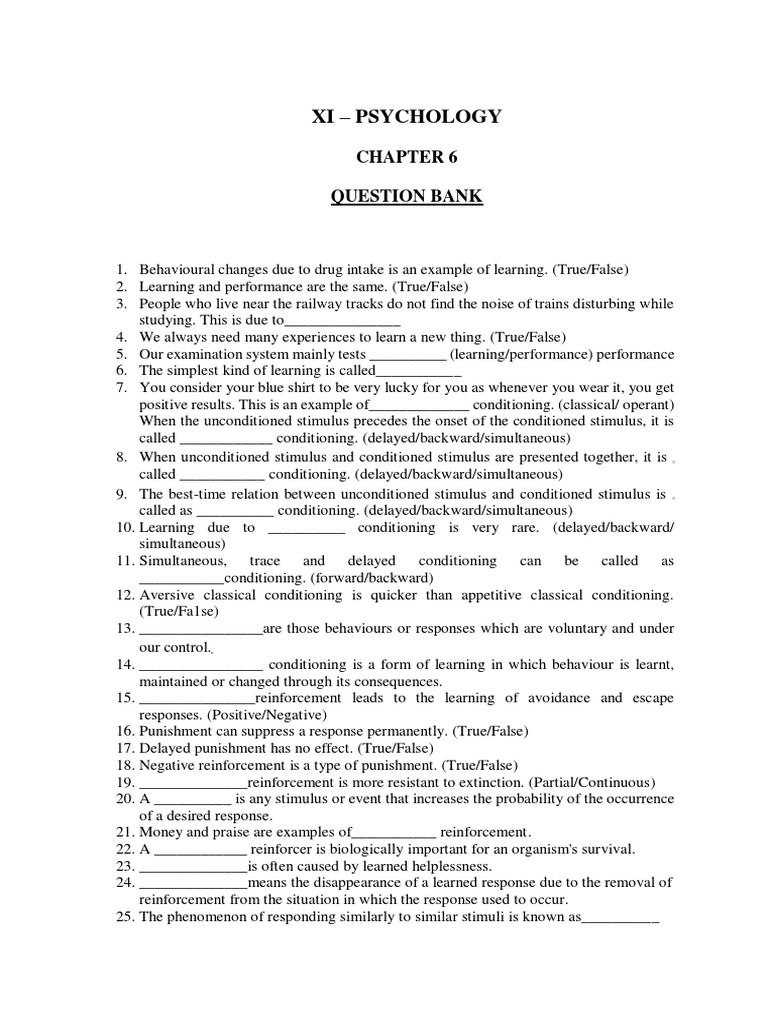 Learning - CBSE 11 Psychology - Question Bank | PDF | Reinforcement ...