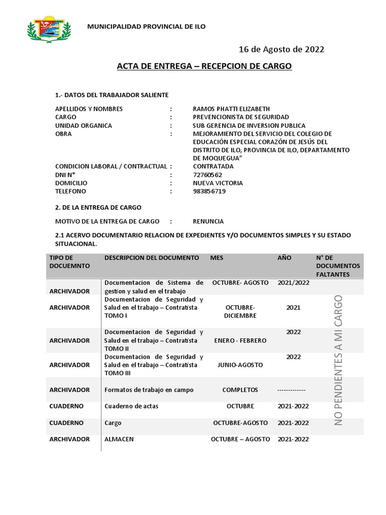 Acta de Entrega de Cargo - Elizabeth | PDF