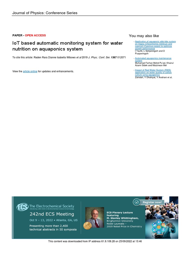 IoT Based Automatic Monitoring System For Water Nutrition On Aquaponics System | PDF | Aquaponics