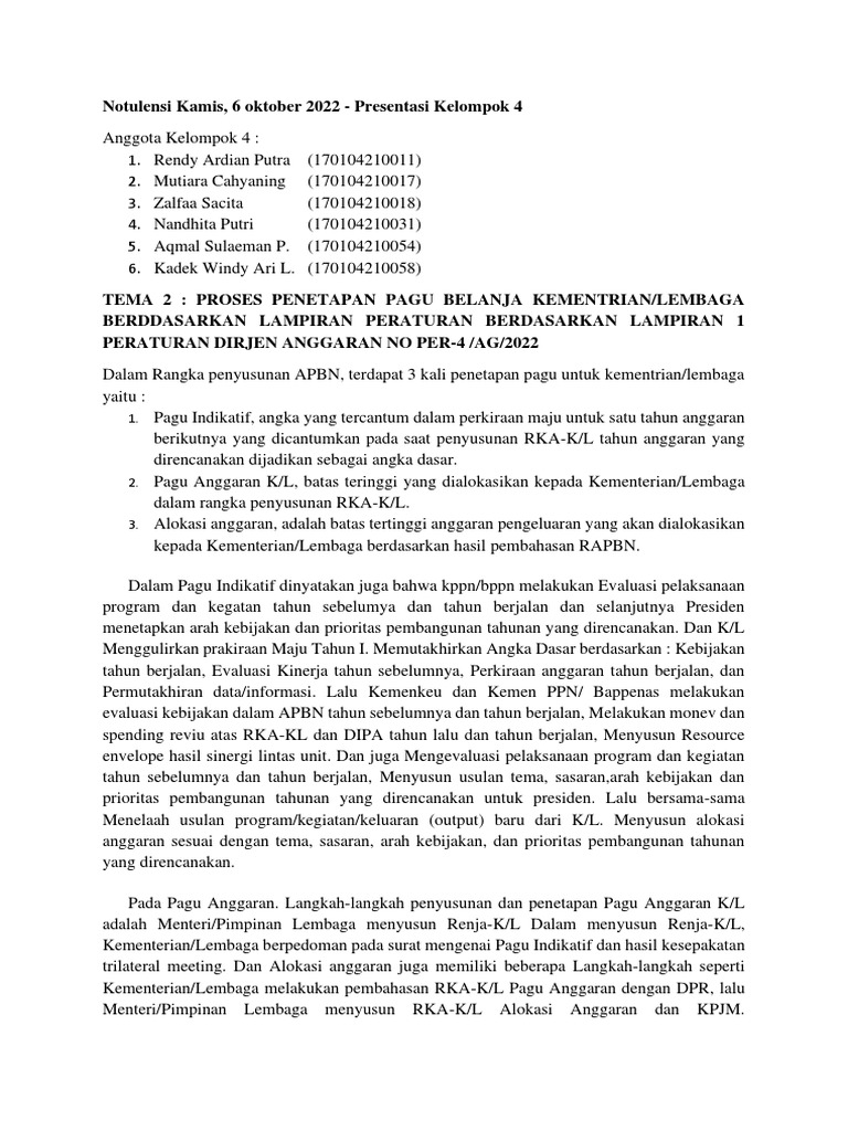 Notulensi Kelompok 4 (Tema 2) | PDF