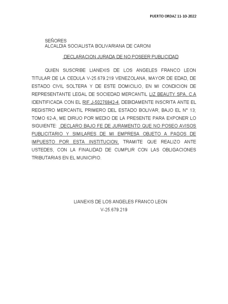 Carta de No Poseer Publicidad | PDF
