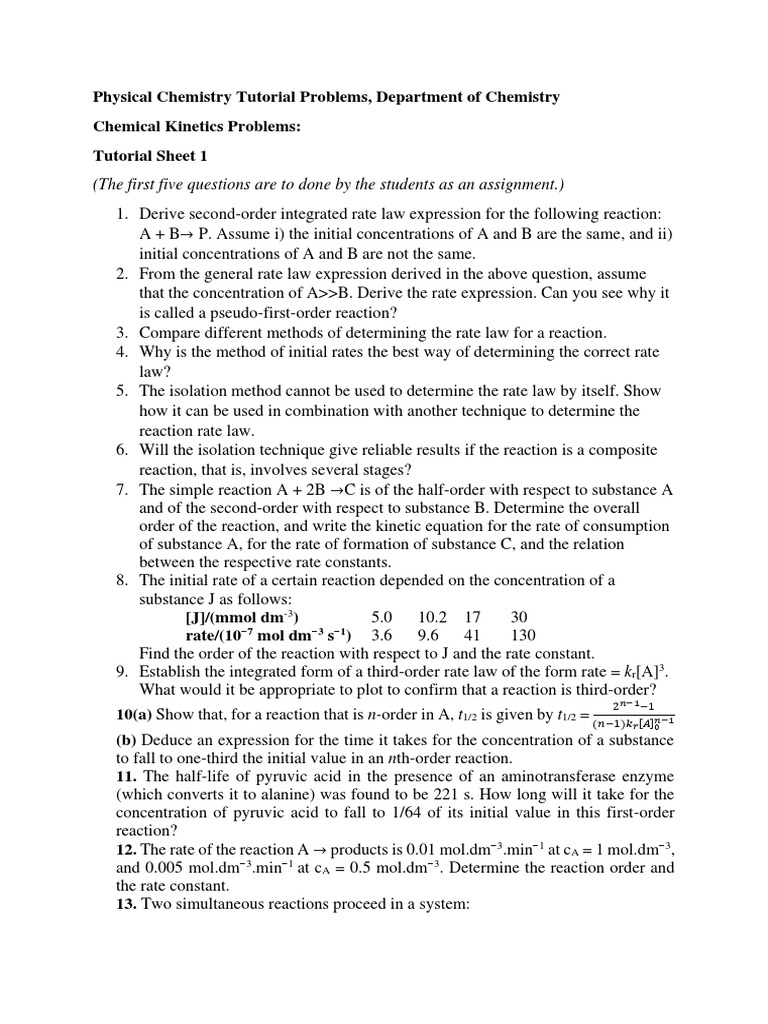 Kinetics & Photochemistry Tutorial Problems | PDF | Chemical Kinetics ...