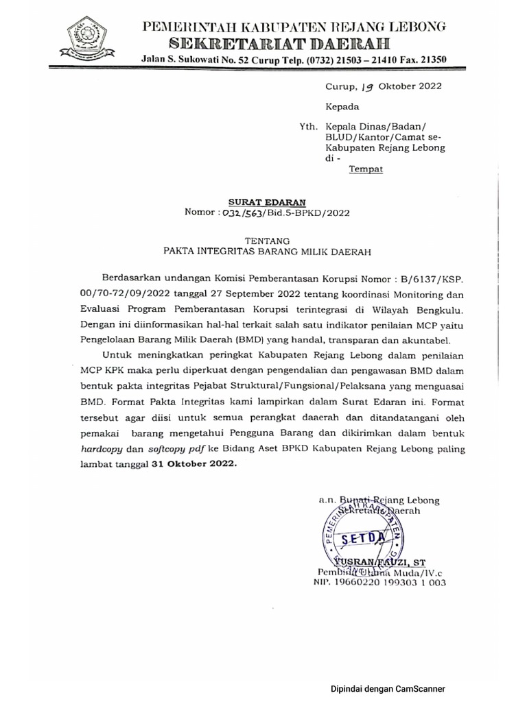 Surat Edaran Pakta Integritas | PDF