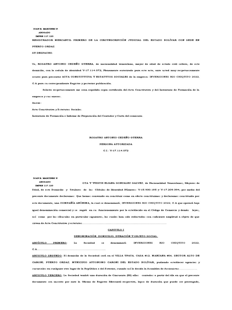 Acta Constitutiva de Inversiones Rio Chiquito 2022 | PDF | Alimentos | Venezuela