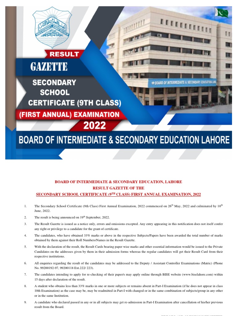 BISE Lahore 9th Class Result Gazette 2022 | PDF