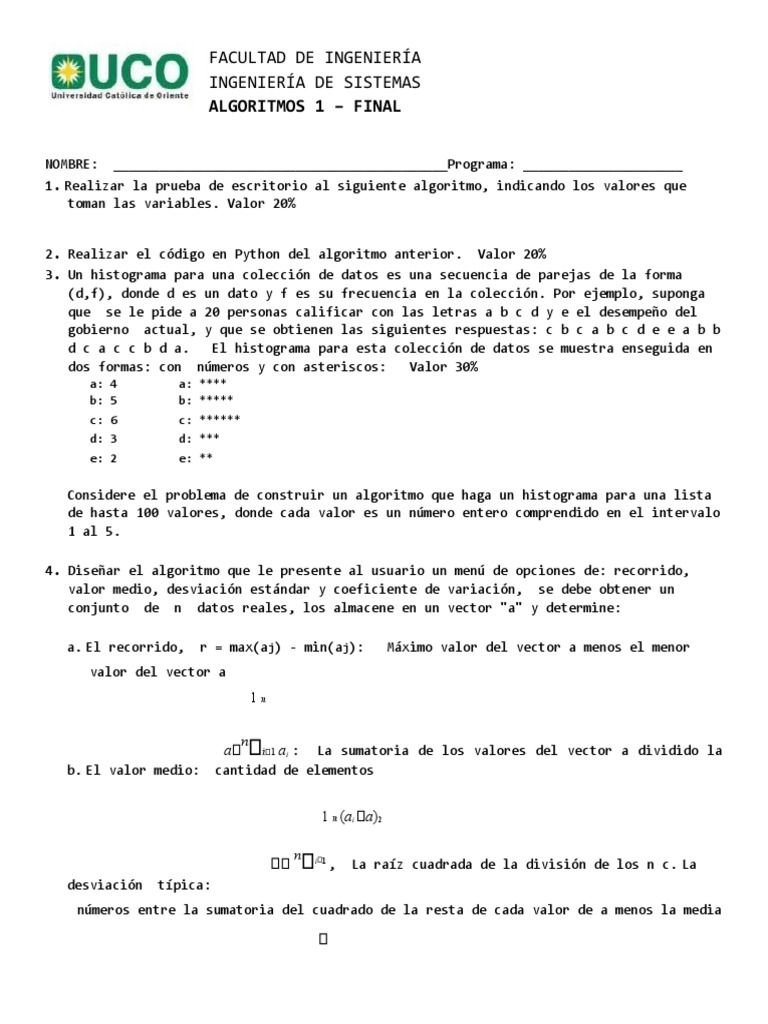 Examen Final Algoritmos | PDF | Desviación Estándar | Algoritmos
