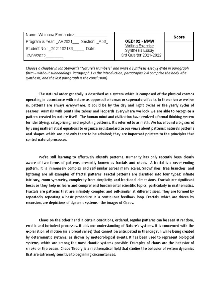 Template For Synthesis Essay | PDF | Chaos Theory | Pattern