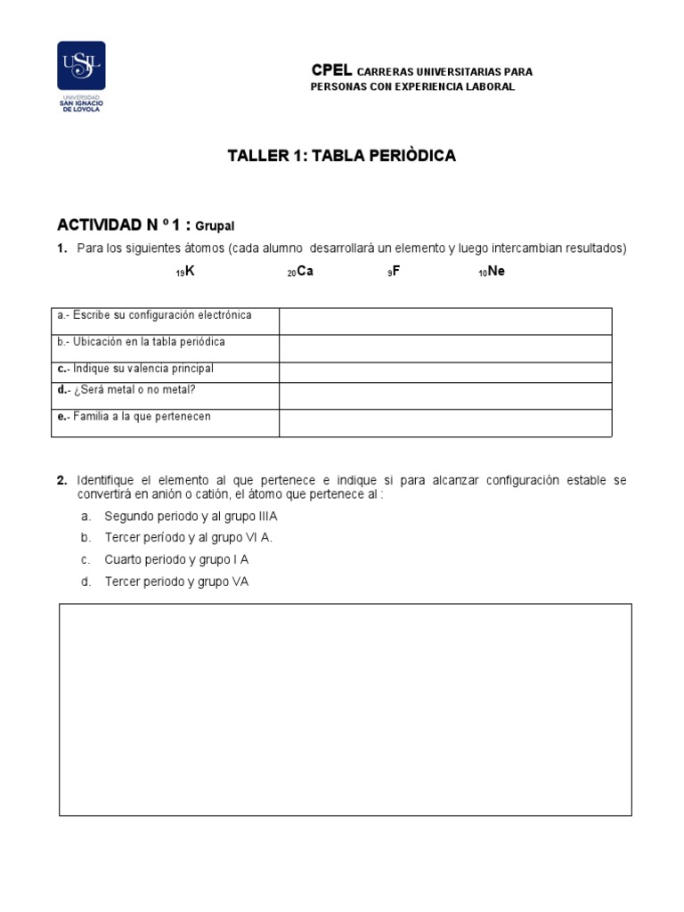 TALLER 3 - Actividades Tabla Periòdica | PDF