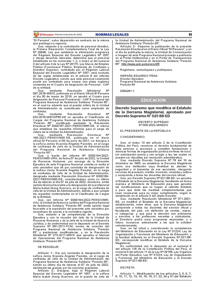 DS #009-2022-Minedu (NL+DL) PDF | PDF | Ministerio (Departamento de Gobierno) | Institución
