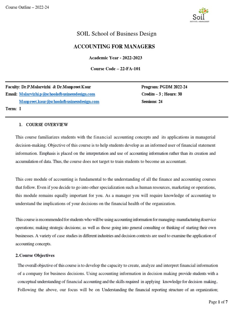 1 Course Outline - Accounting For Managers - AY - 2022 - 2023 | PDF ...