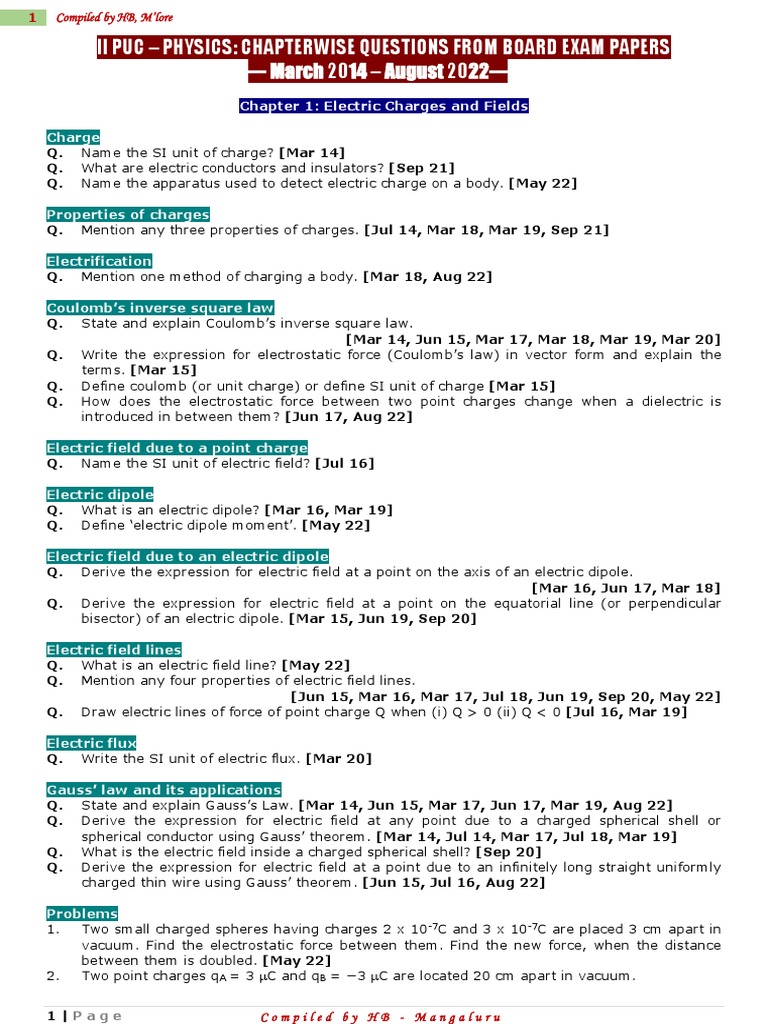 2PUC-2014-2022 Questions Chapterwise | PDF | Electrical Impedance | Capacitor