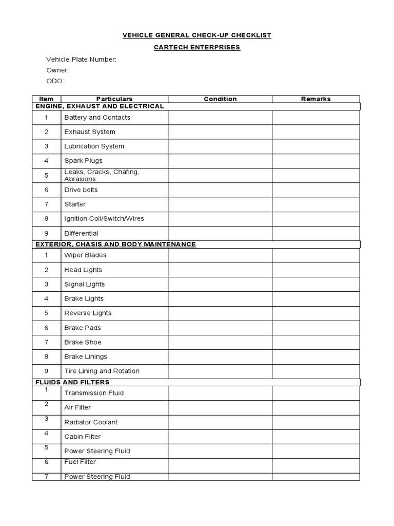 Vehicle General Check Up Checklist | PDF