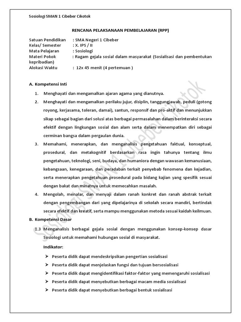 RPP Sosiologi Kelas X. Ragam Gejala Sosial Dalam Masyarakat (Sosialisasi Dan Pembentukan ...