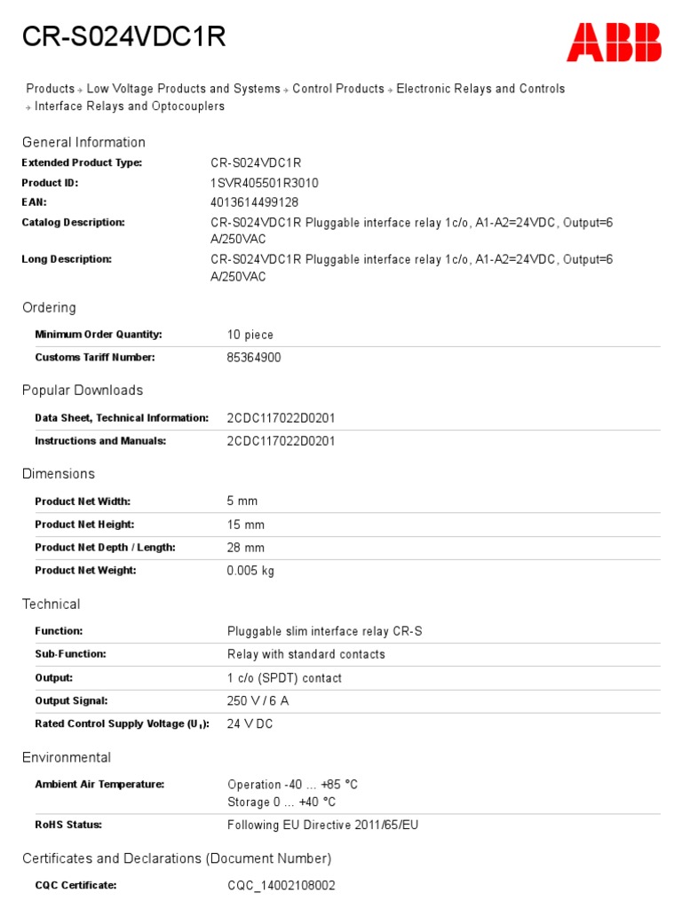 1SVR405501R3010 CR s024vdc1r Pluggable Interface Relay 1c o A1 A2 24vdc Output 6a 250vac | PDF ...