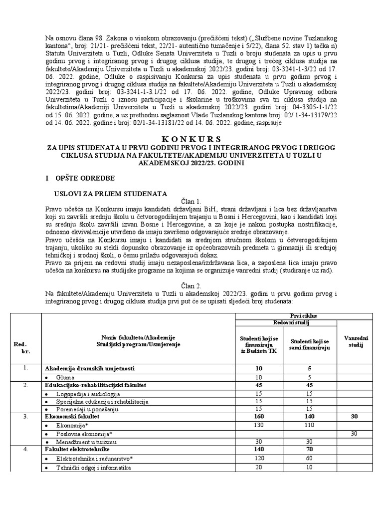 Konkurs Za Upis I I Integrisani I I II Ciklus Studija Ak 2022 23 God 20 ...