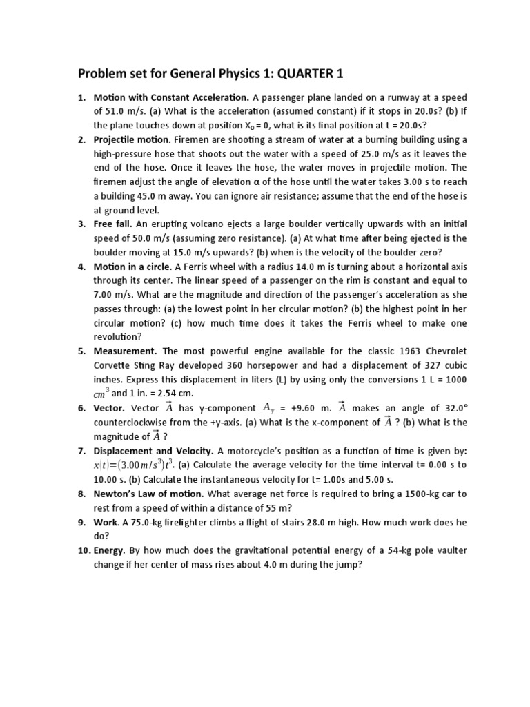 Problem Set For General Physics 1 | PDF | Acceleration | Velocity