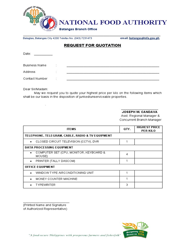 National Food Authority: Request For Quotation | PDF