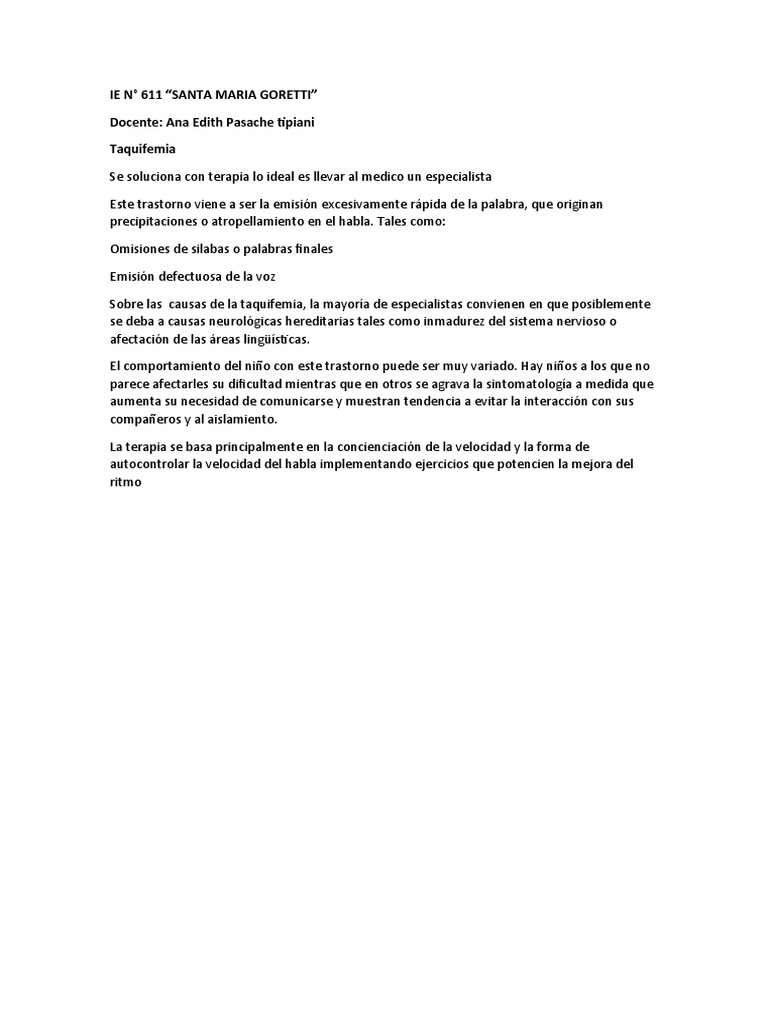 Taquifemia: Causas y Terapia | PDF