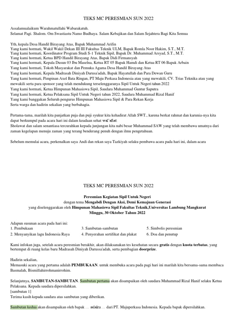Teks MC Peresmian Sun 2022 | PDF