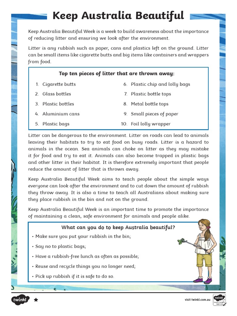 Keep Australia Beautiful Differentiated Reading Comprehension Activity ...