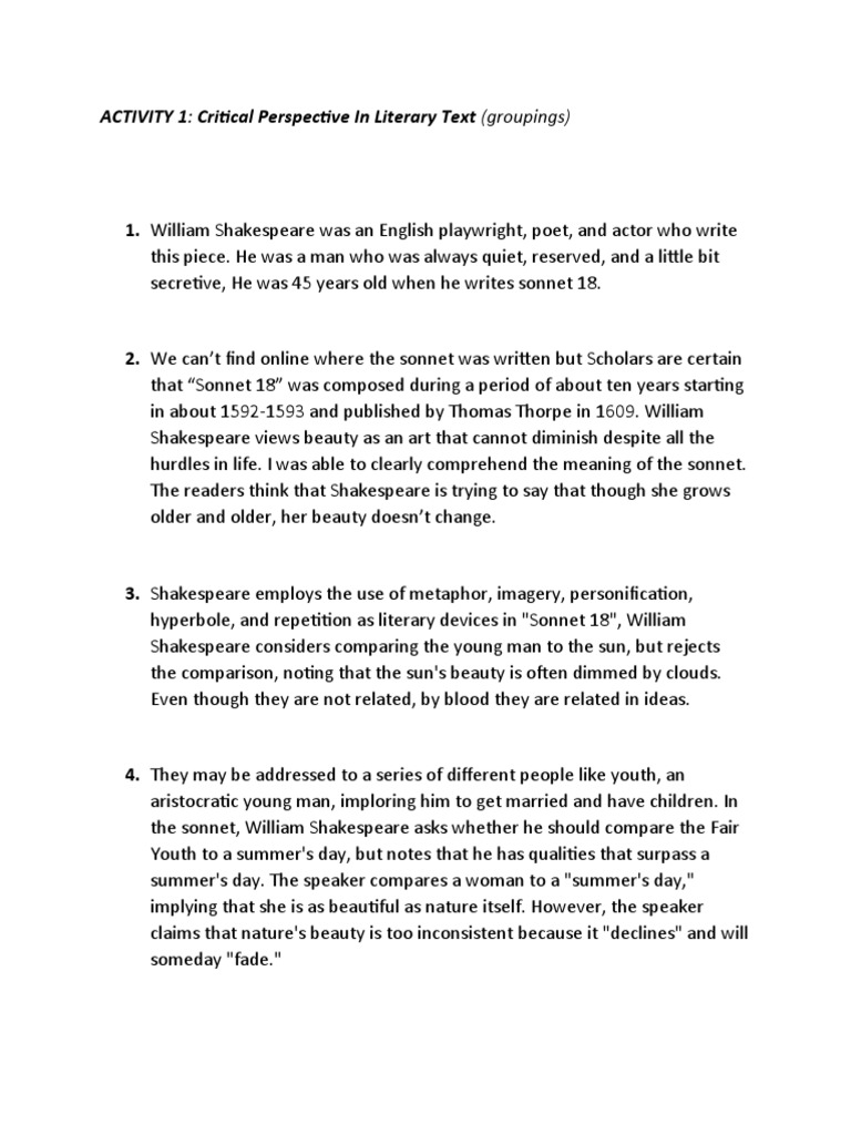 Activity 1 Critical Perspective in Literary Text | PDF | Shakespeare's ...