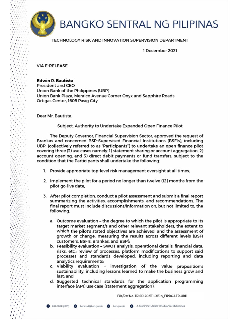 LTR From BSP - Open Finance Pilot | PDF | Evaluation | Risk