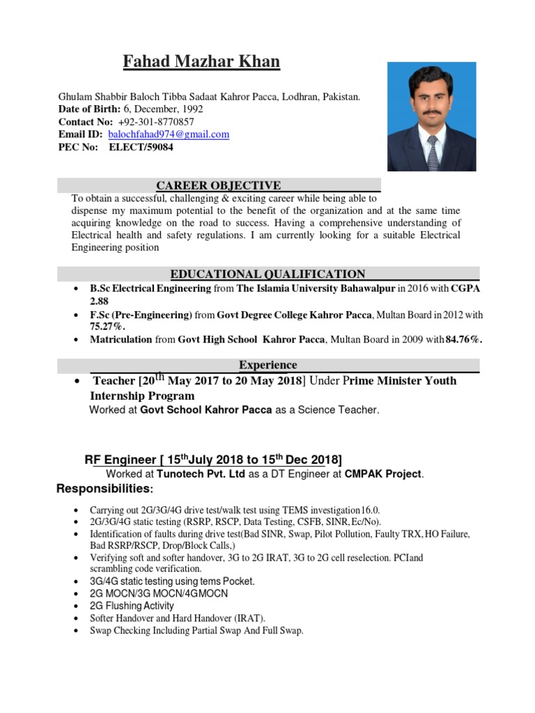 Fahad Mazhar CV - 2 | PDF | Electrical Engineering | Electricity