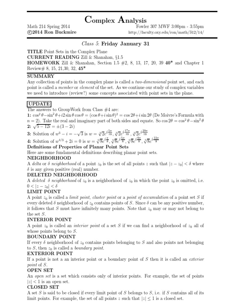 Omplex Nalysis: Class 5 | PDF | Complex Number | Plane (Geometry)