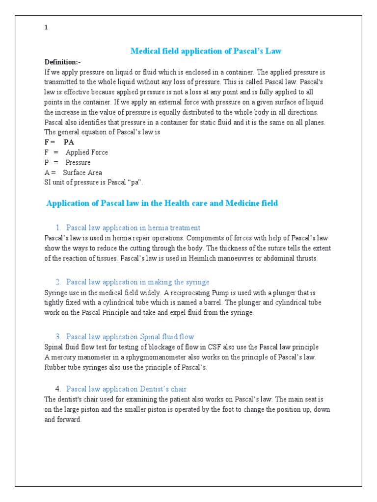 Pascal Law Use in Medical Field | Download Free PDF | Pressure | Gases