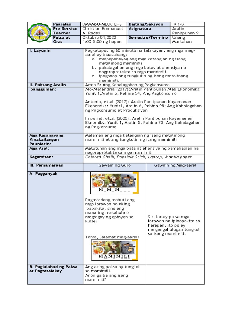 Detailed Lesson Plan (Kahalagahan NG Pagkonsumo) | PDF