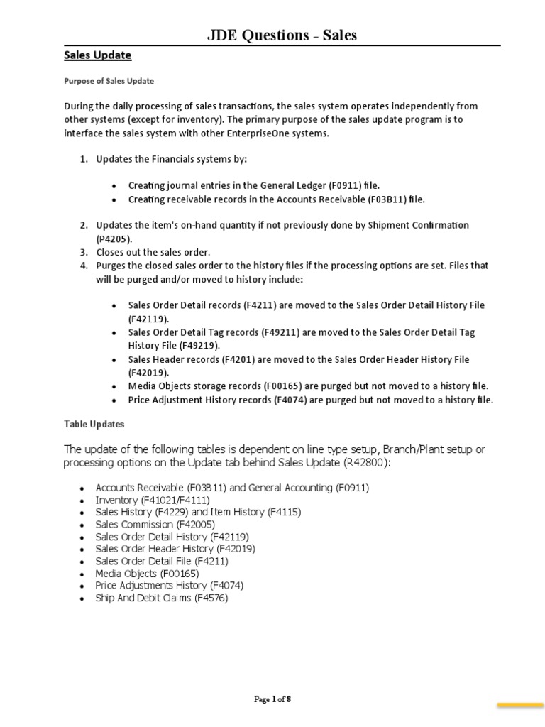 JDE Sales Update Process Overview | PDF | Debits And Credits | Sales
